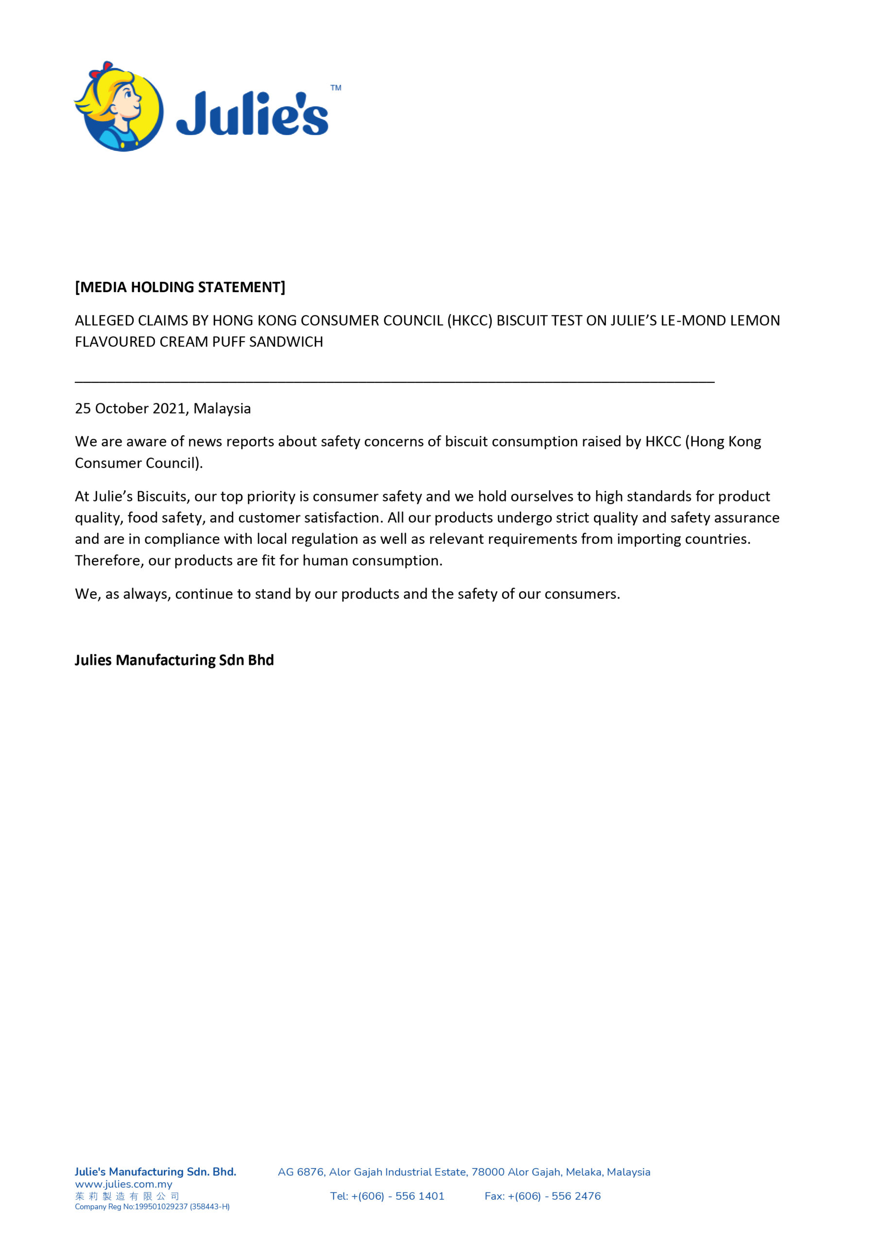 Media Holding Statement – Julie's